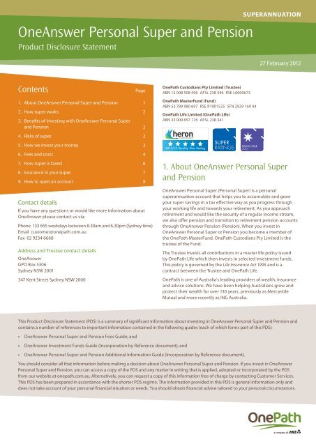 OneAnswer Personal Super and Pension PDS - OnePath
