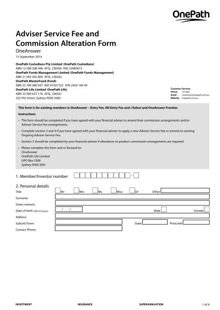 Adviser Service Fee and Commission Alteration Form - OnePath