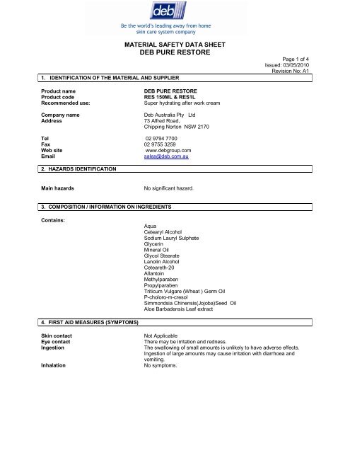 Deb - Pure Restore - msds - Rapidcleanperth.com.au