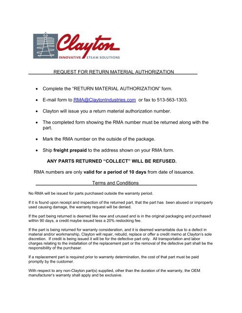RETURN MATERIAL AUTHORIZATION - Clayton Industries