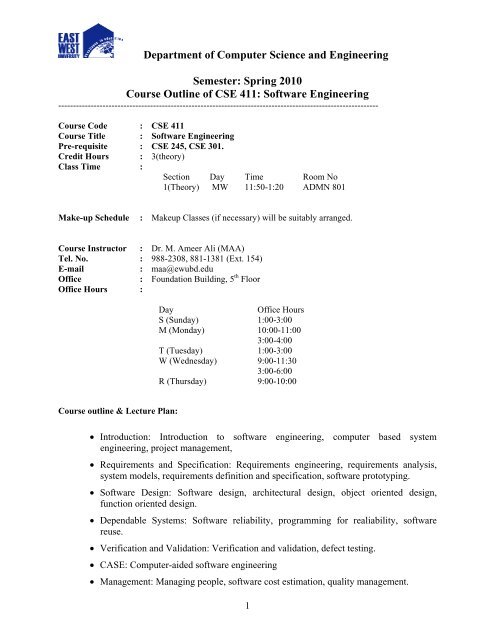 Spring 2010 Course Outline Of CSE 411 Software Engineering