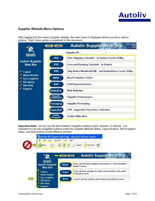 Training Menu Options - Autoliv Supplier Web Site