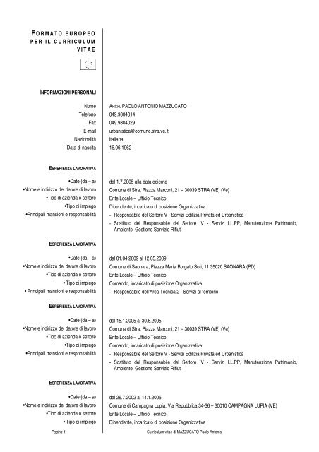 Curriculum vitae Posizione Organizzativa Urbanistica Curriculum vitae Posizione Organizzativa Urbanistica