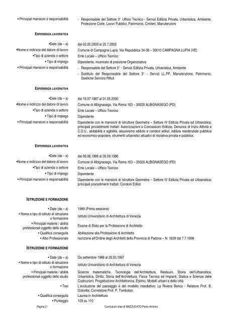 Principali mansioni e Principali mansioni e