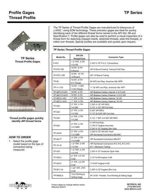 Profile Gages Thread Profile TP Series - Deterco, Inc.