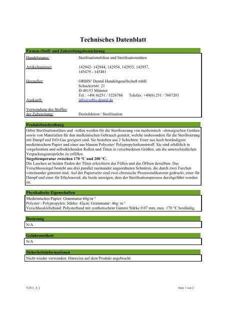 Technisches Datenblatt - Orbis Dental