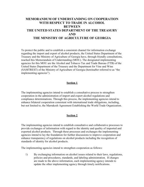 MEMORANDUM OF UNDERSTANDING ON COOPERATION ... - TTB