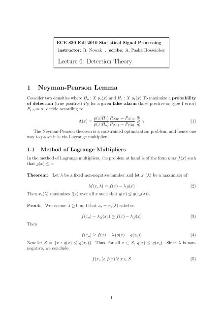 Lecture 6: Detection Theory 1 Neyman-Pearson Lemma