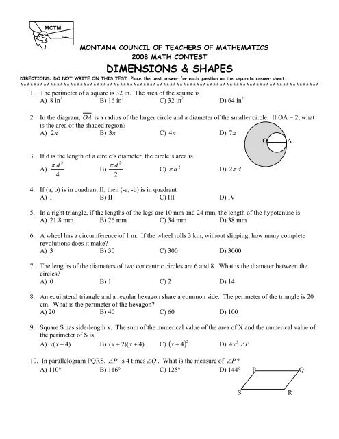 Dimension and Shapes Test - MCTM