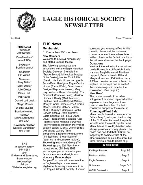 EAGLE HISTORICAL SOCIETY NEWSLETTER