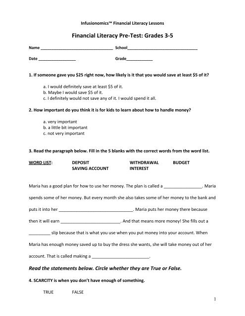 Financial Literacy Pre-Test: Grades 3-5 - Infusionomics