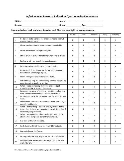 Infusionomics Personal Reflection Questionnaire-Elementary
