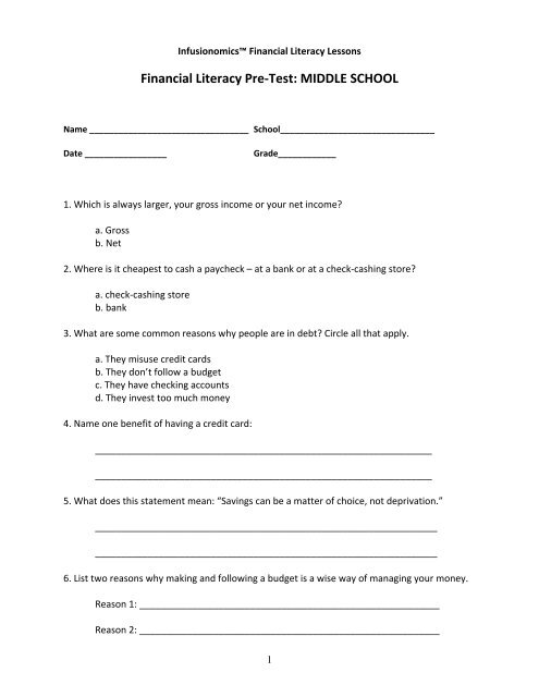 Financial Literacy Pre-Test: MIDDLE SCHOOL - Infusionomics