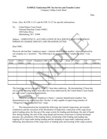 Sample Sea Service Letter for Tankerman (PIC ... - The River School