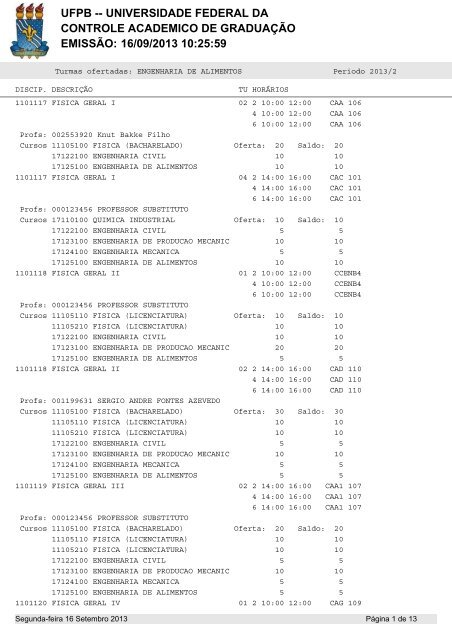 quadro de horários - CT-UFPB