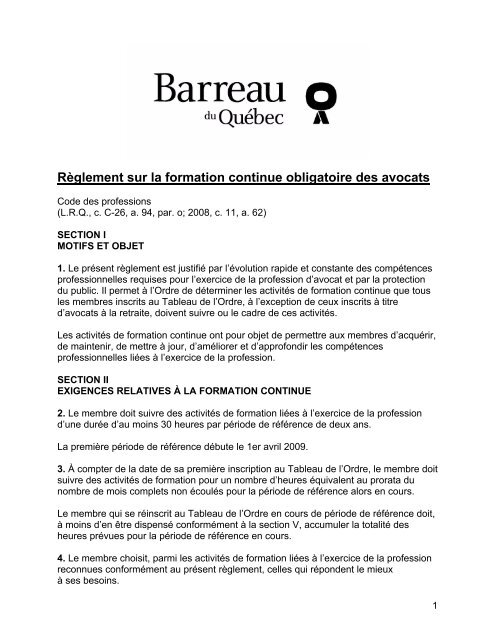 Règlement sur la formation continue obligatoire des avocats