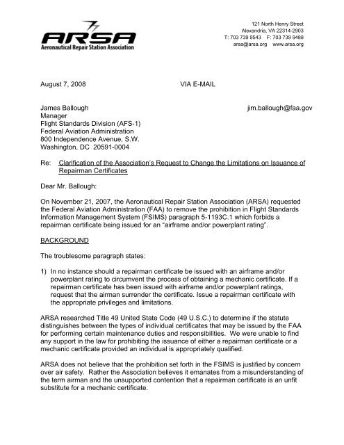 ARSA Response - Aeronautical Repair Station Association
