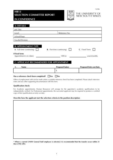 HR13 Selection Committee Report form - Human Resources