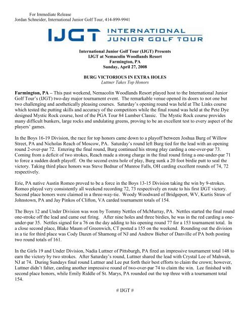 Apr 27th – IJGT at Nemacolin W - International Junior Golf Tour
