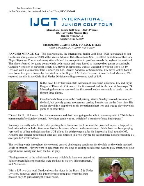 May 4th – IJGT at Mission Hills Resort - International Junior Golf Tour