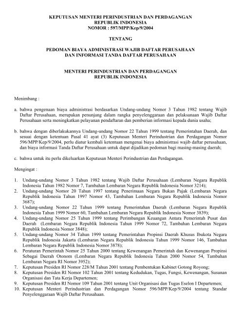 597/MPP/Kep/9/2004 TENTANG PEDOMAN BIAYA ADMINISTRASI