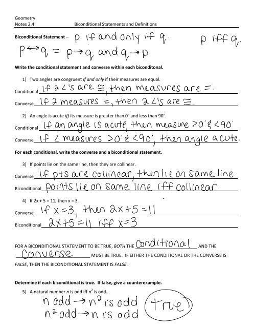 Geometry Notes 2 4 Biconditional Statements And Definitions 