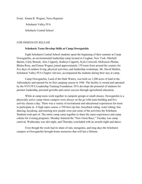 From: Emma R. Wegner, News Reporter Schoharie Valley FFA ...