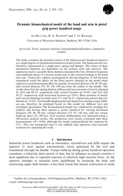 Dynamic biomechanical model of the hand and arm in pistol grip ...