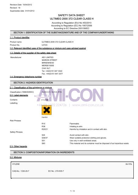 safety data sheet ultimeg 2000 372 clear class h - AMI-CON