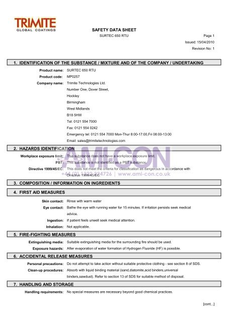 safety data sheet 1. identification of the substance ... - AMI-CON