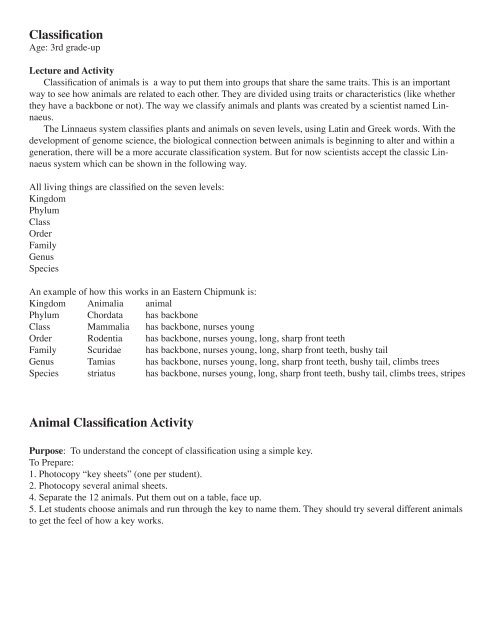 Classification Animal Classification Activity