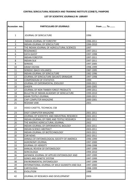 List of Scientific journals - Central Sericultural Research & Training ...