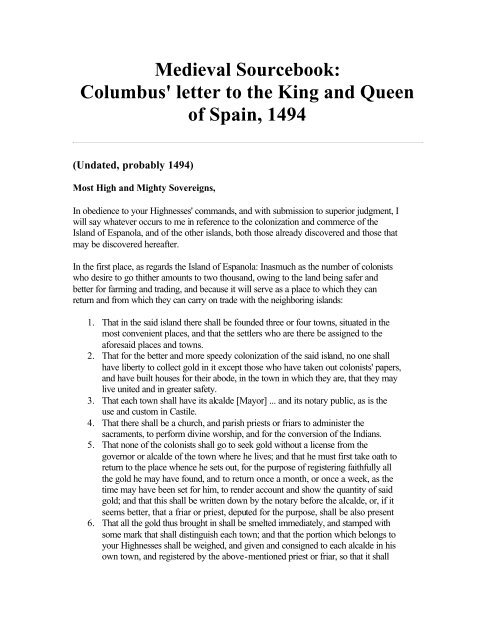 Medieval Sourcebook: Columbus' letter to the King and Queen of ...