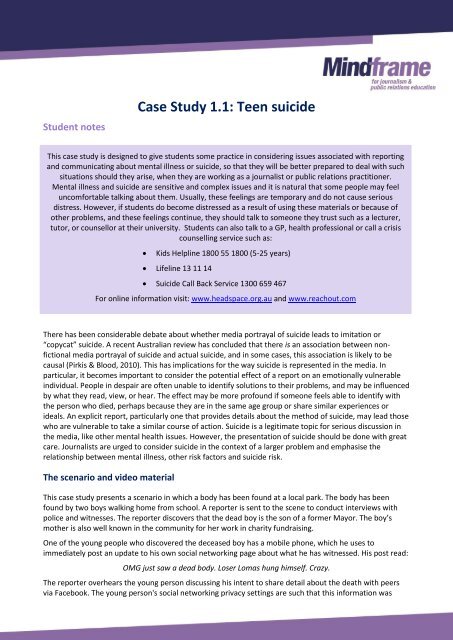 Case Study 1.1: Teen suicide - Mindframe