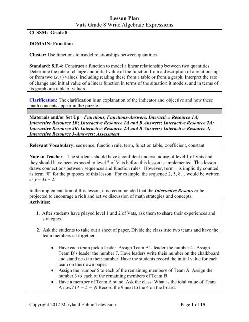 Algebraic Expressions Lesson and Resources (Grade 8)