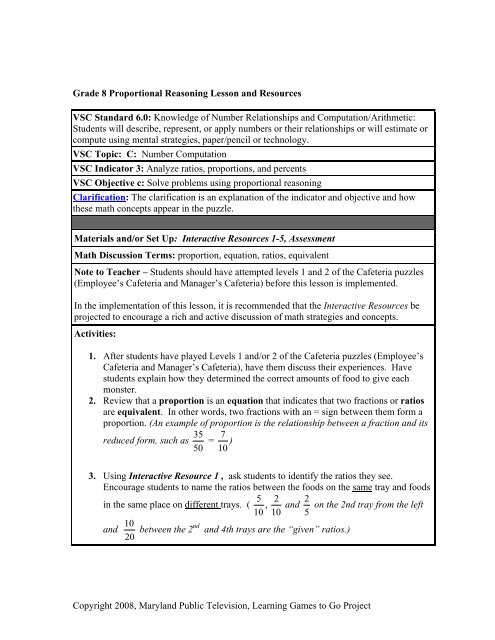 Grade 8 Proportional Reasoning Lesson and Resources