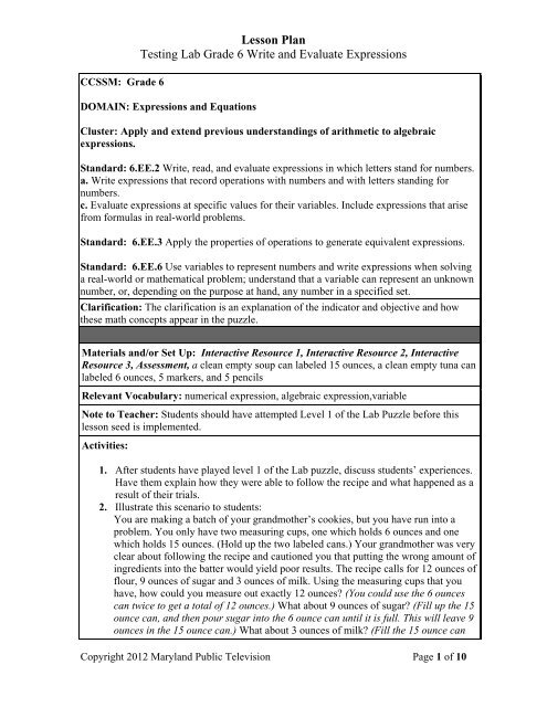 Lesson Plan Testing Lab Grade 6 Write and Evaluate Expressions
