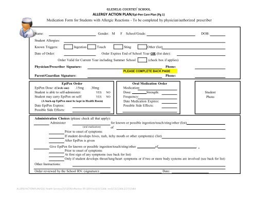 Allergy Action Plan / Epi-Pen Care Plan - Glenelg Country School