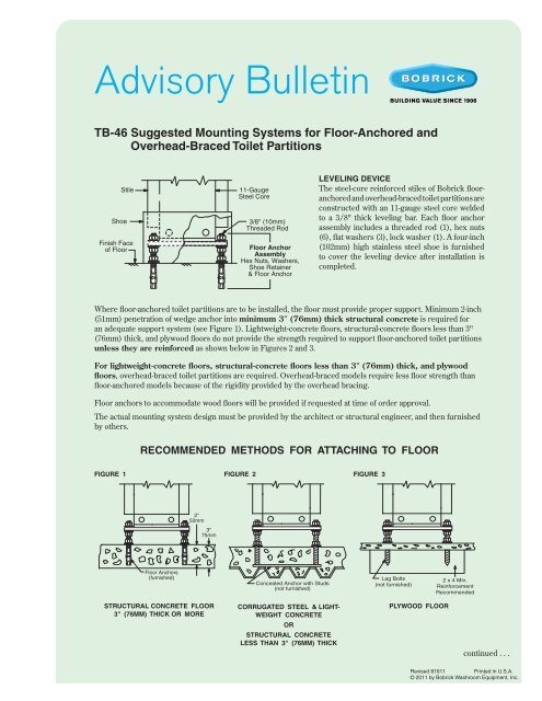 TB-46 Suggested Mounting for Floor Anchored and ... - Bobrick