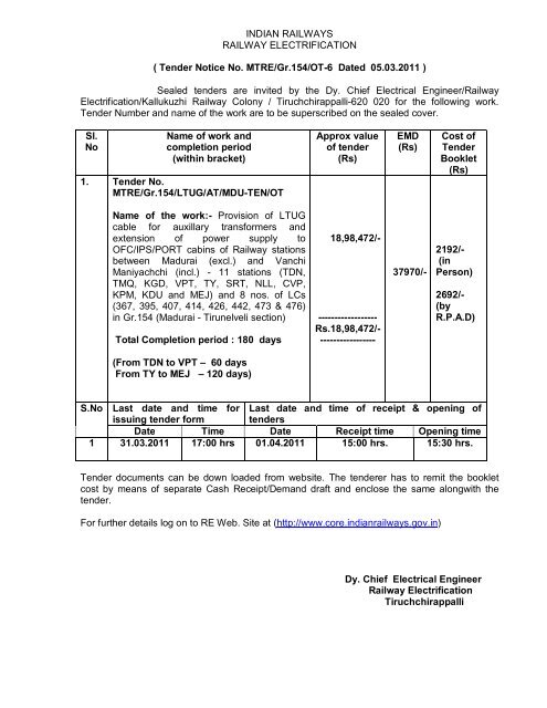 INDIAN RAILWAYS RAILWAY ELECTRIFICATION ( Tender Notice ...