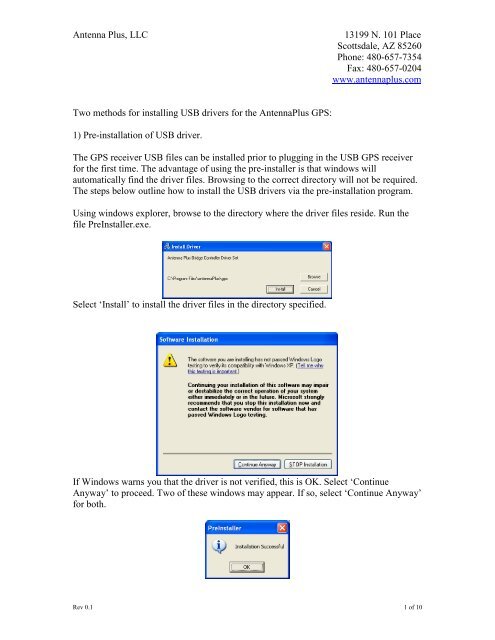 Two methods for installing USB drivers for the AntennaPlus GPS: