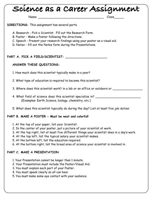 Science as a Career Assignment - Marcia's Science Teaching Ideas