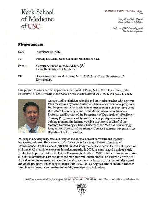 Appointment of David H. Peng, M.D., M.P.H., as Chair, Department ...