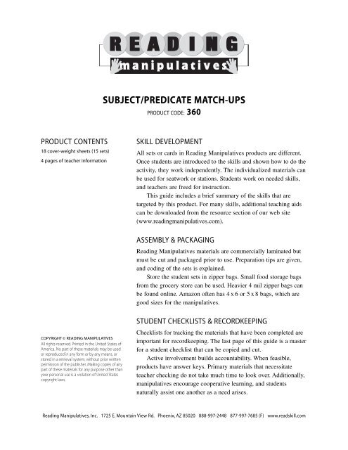 SUBJECT/PREDICATE MATCH-UPS - Reading Manipulatives