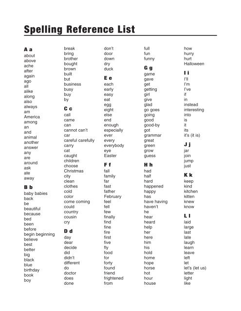 Download Spelling Reference List - Reading Manipulatives