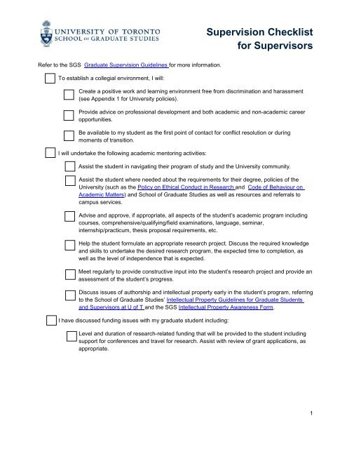 Supervision Checklist for Supervisors - School of Graduate Studies