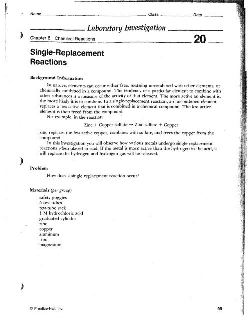 Laboratory Investigation Single-Replacement Reactions