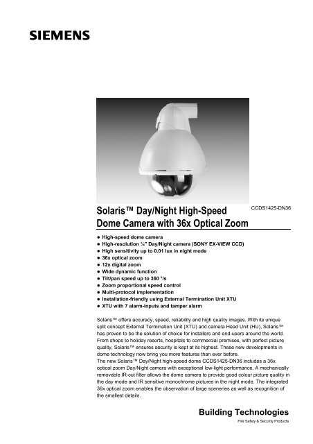 Siemens CCDS1425-DN36 Dome cameras product datasheet