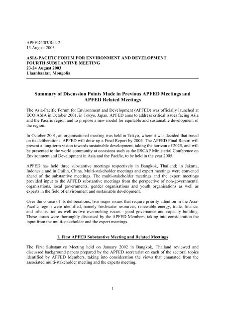 Summary of Discussion Points Made in Previous APFED Meetings ...