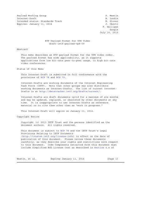 RTP Payload Format for VP8 Video - IETF Tools